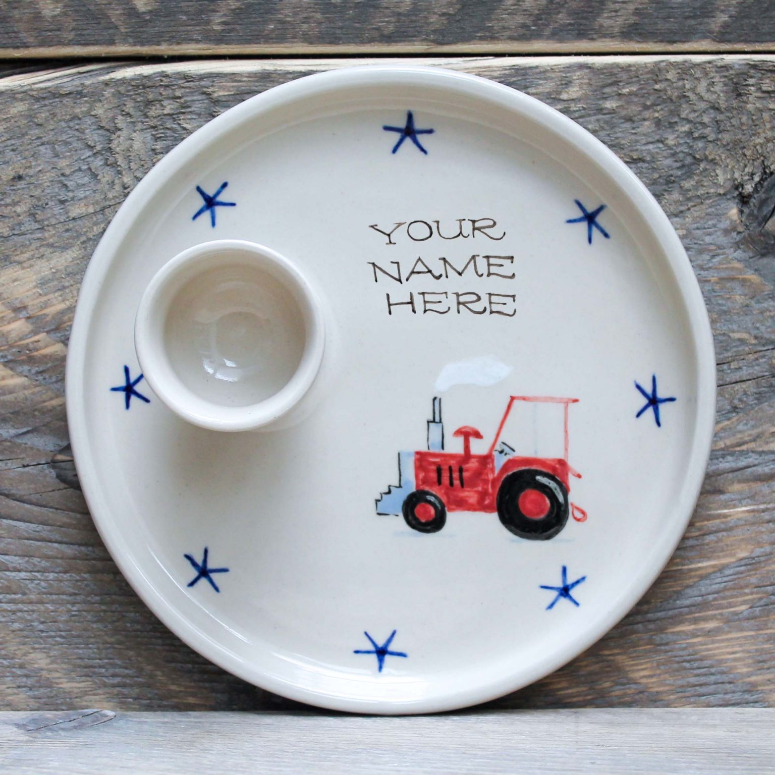 Trevor Tractor Personalised Egg Cup Plate | Grayshott Pottery